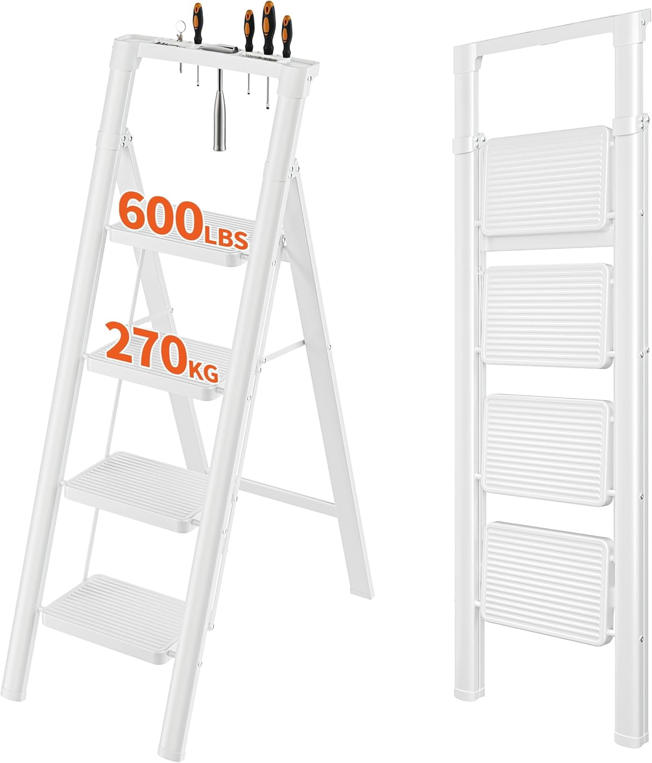 4 Step Ladder, Folding Step Stool with Tool Platform, 600lbs Portable ...