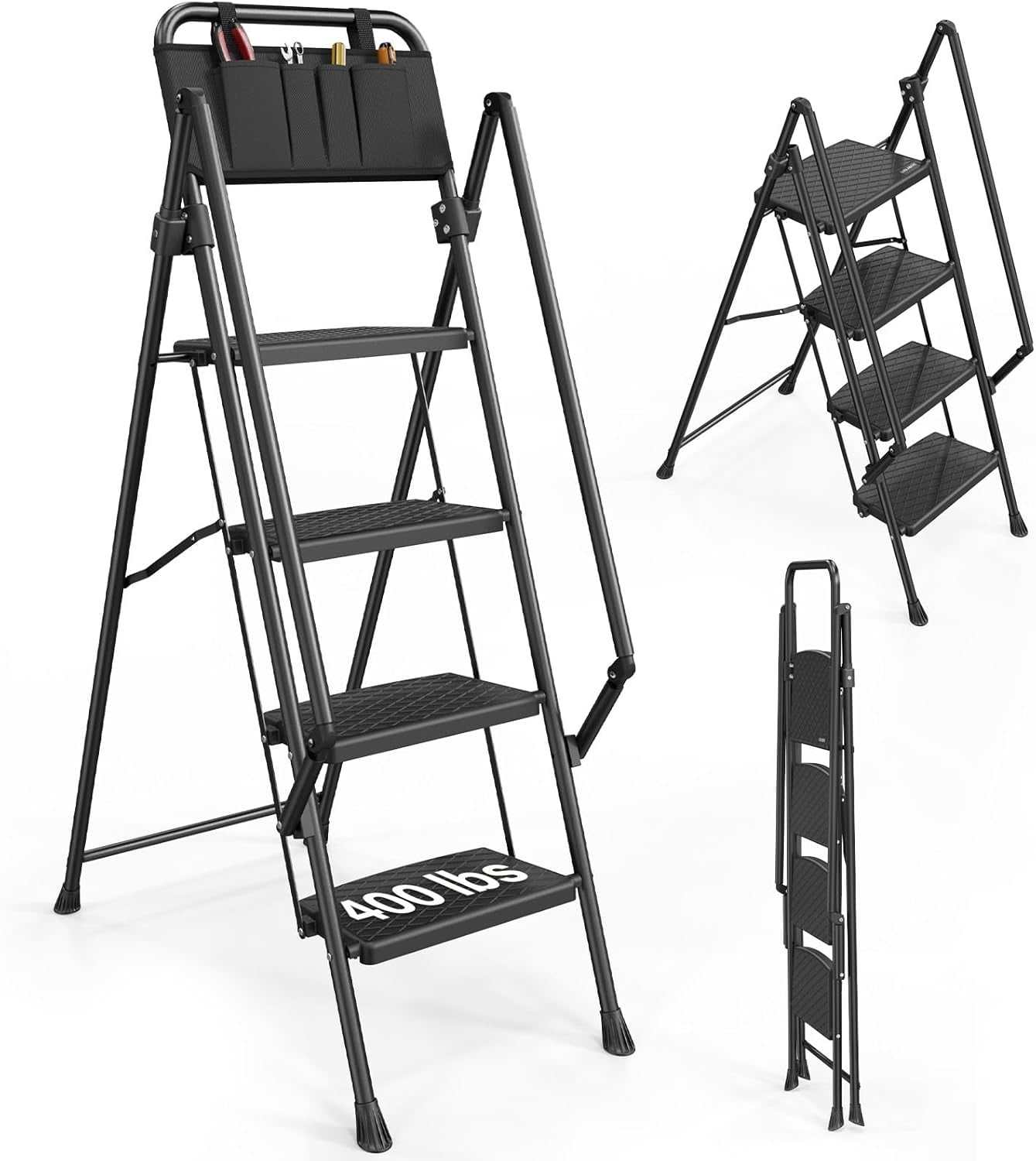 4 Step Ladder with Handrails, Folding Step Stool with Widened Anti-Slip ...