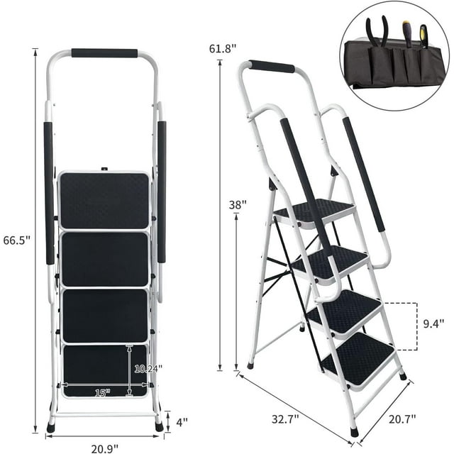 4 Step Ladder Portable Folding Step Stool with Handgrip Anti-Slip, Wide ...