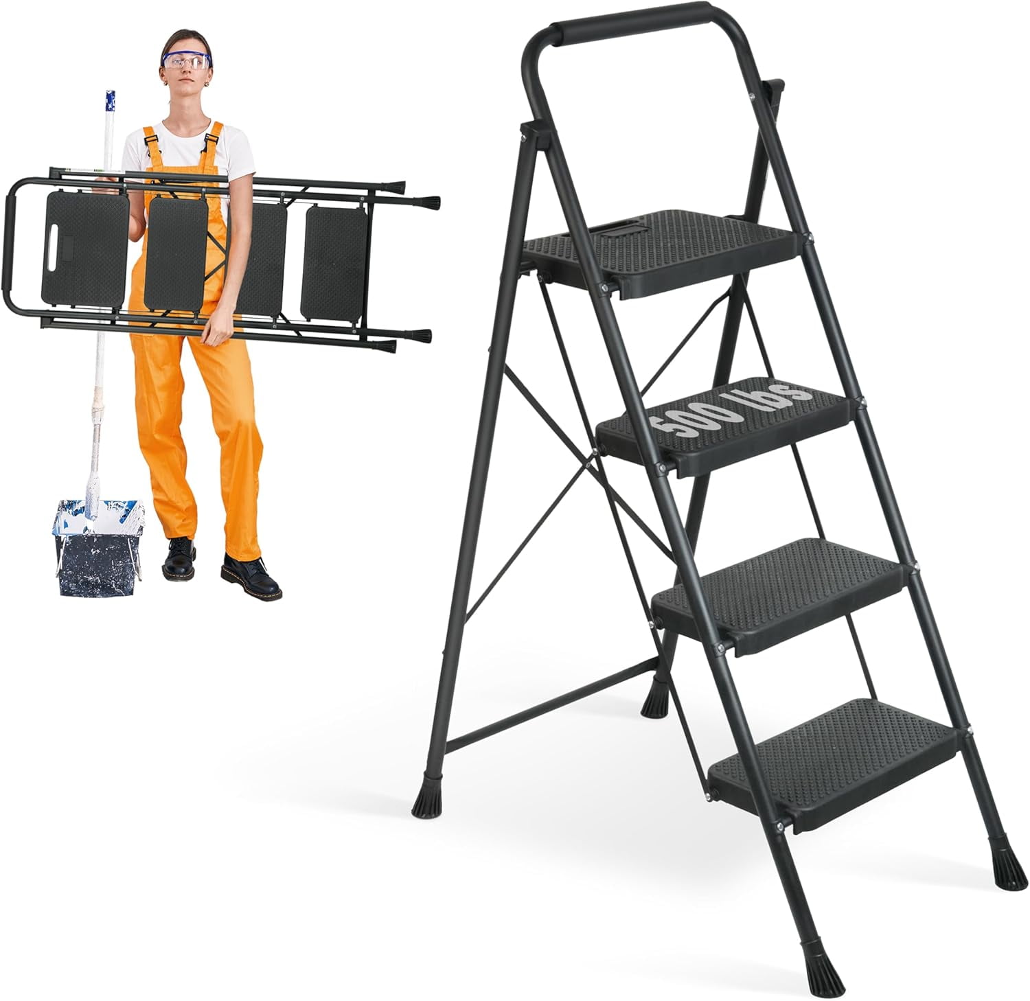 4 Step Ladder, Protable Steel Folding Stool with Wide Anti-Slip Pedal ...