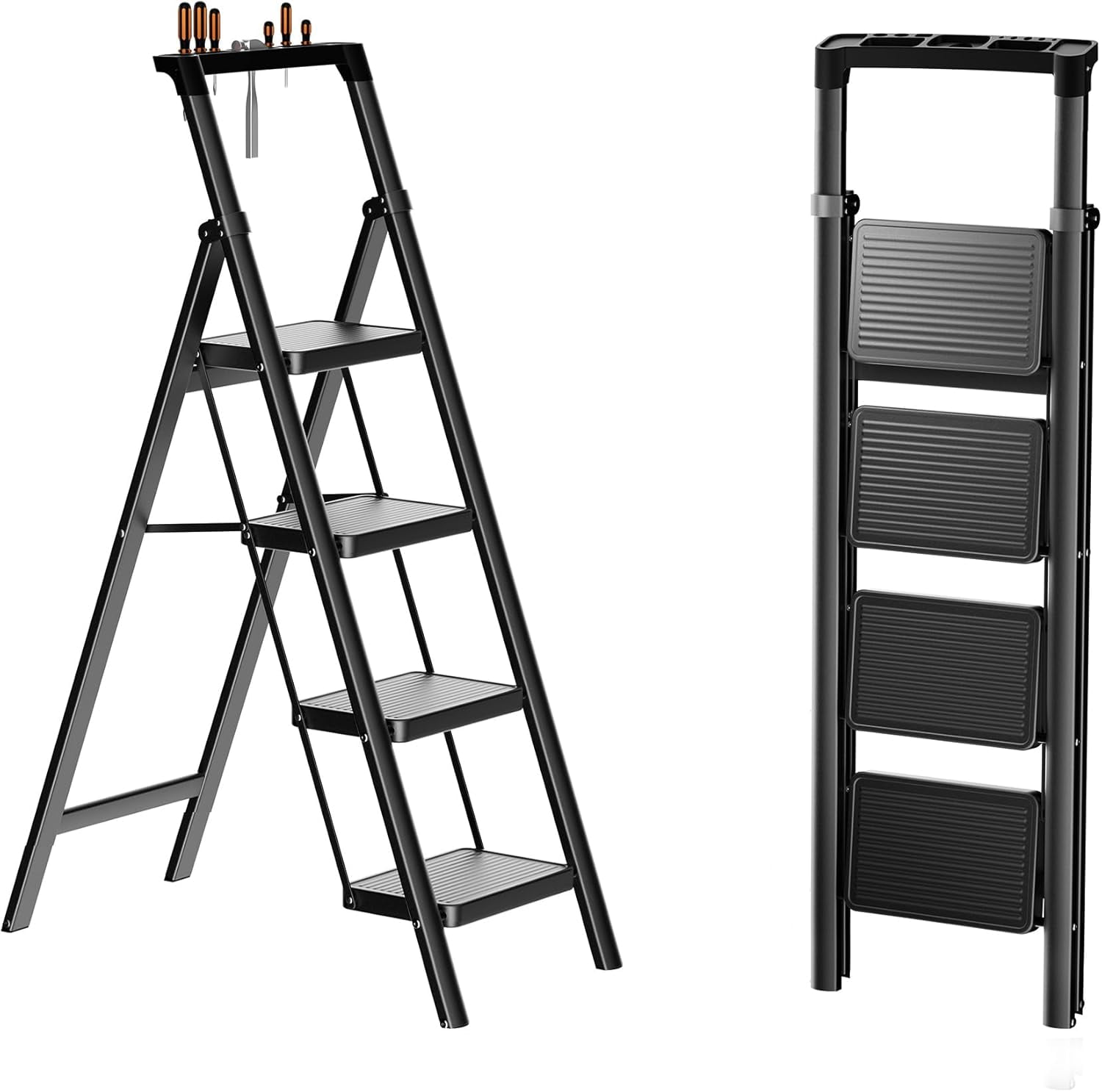 4 Step Ladder with Tool Storage Tray, Folding Step Stool with Handgrip ...
