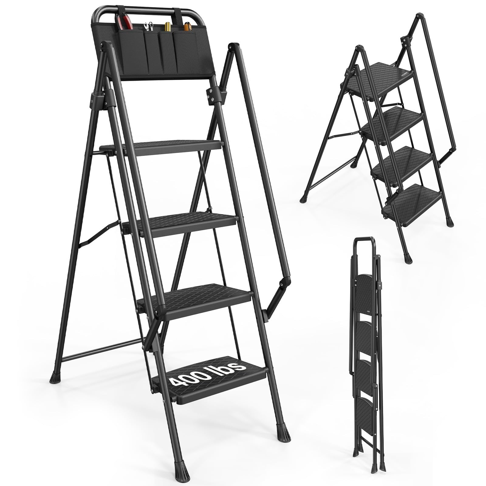 4-Tier Step Ladder with Extended Top Handrail, Anti-Tip Design, 400lbs ...