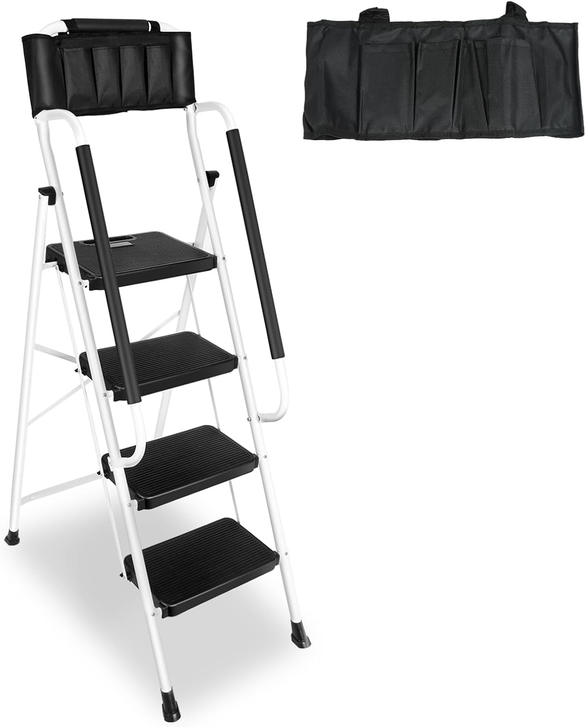4 Step Ladder with Handrails & Attachable Tool Bag, 330 lbs Folding ...