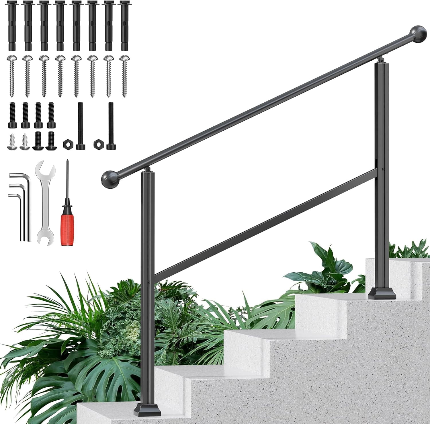 4-Step Outdoor Stair Handrail Kit, Alloy Adjustable Height with Coated ...