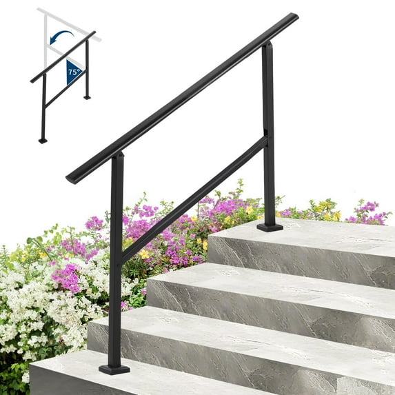 4 Step Outdoor Step Handrail - 75° Adjustable Black Metal Railing Kit ...