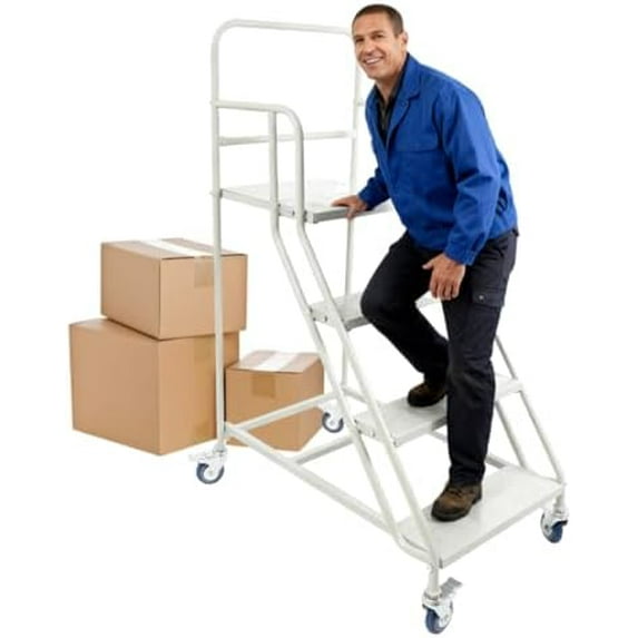 4 Step Rolling Stairs Industrial Warehouse Mobile Ladder Metal Rolling ...