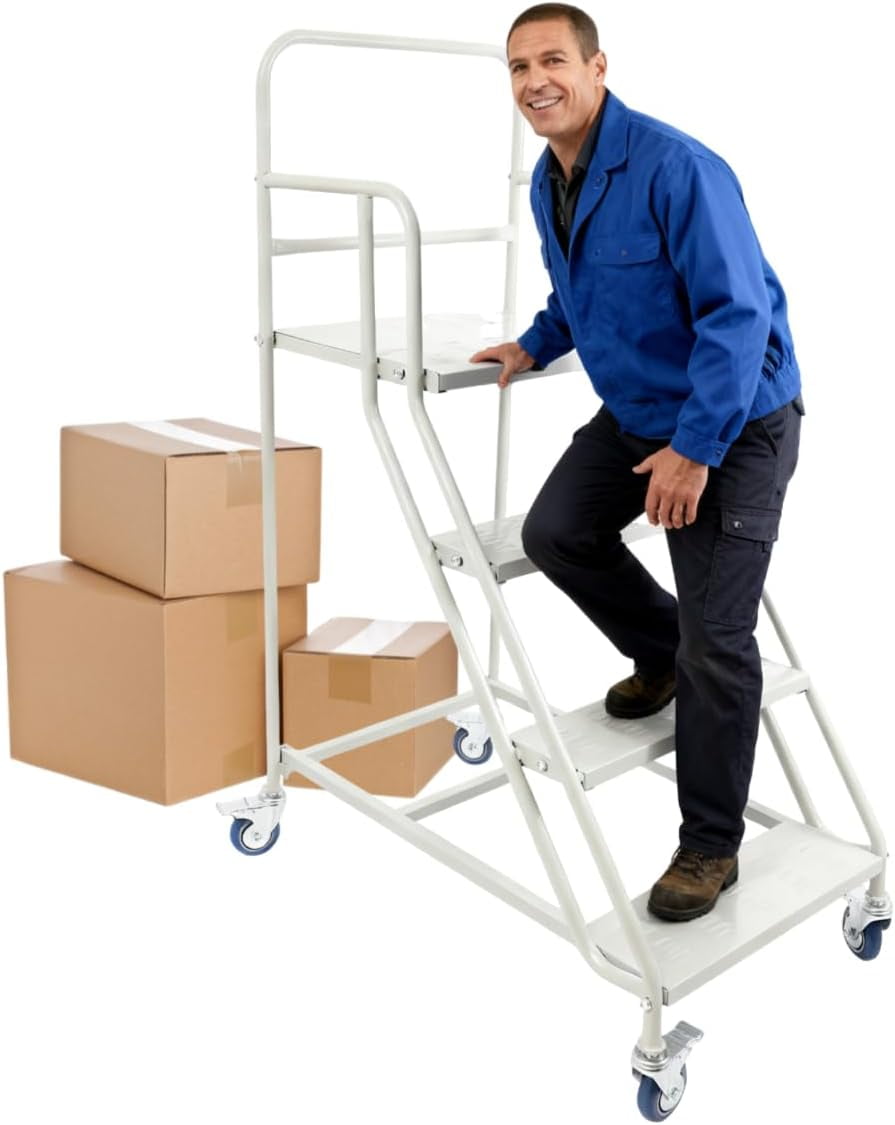 4 Step Rolling Stairs Industrial Warehouse Mobile Ladder Metal Rolling ...