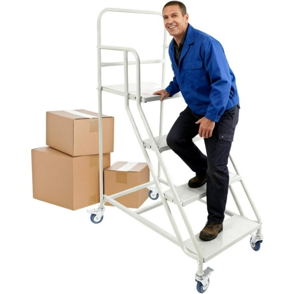 4 Step Rolling Stairs Industrial Warehouse Mobile Ladder Metal Rolling ...