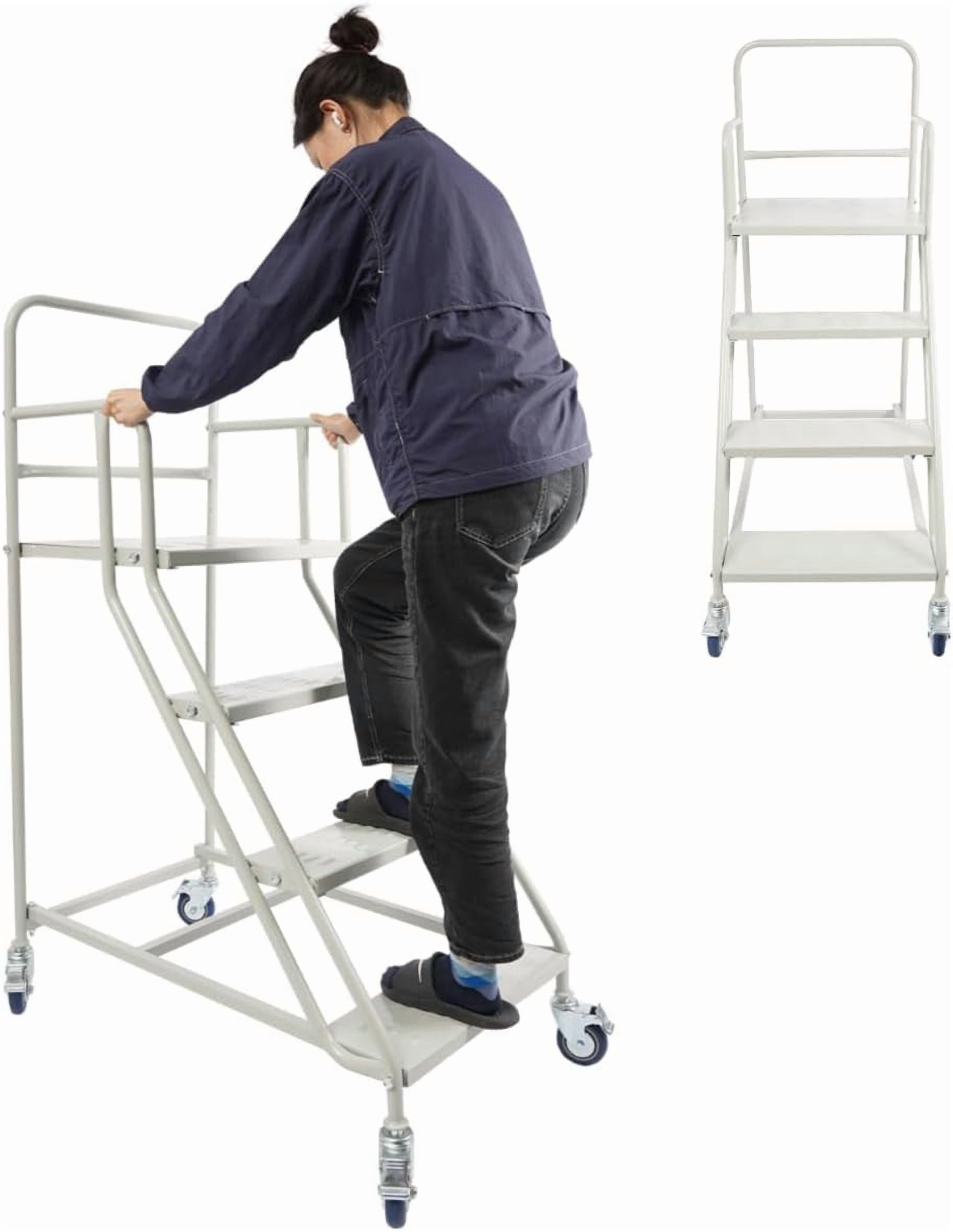 4 Step Rolling Stairs Industrial Warehouse Mobile Ladder Metal Rolling ...