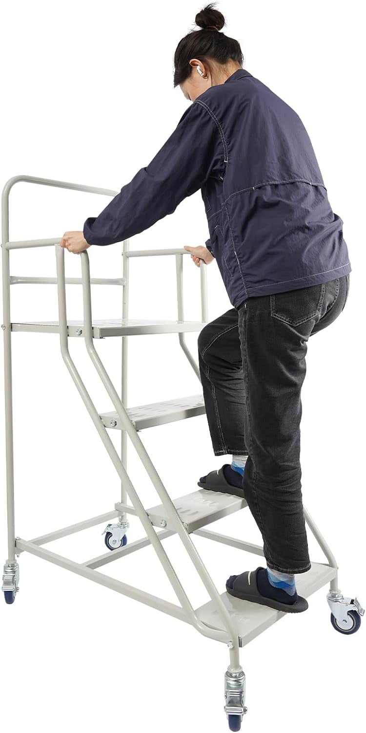 4 Step Rolling Stairs with Wheels and Handrails, 881 LBS Capacity ...