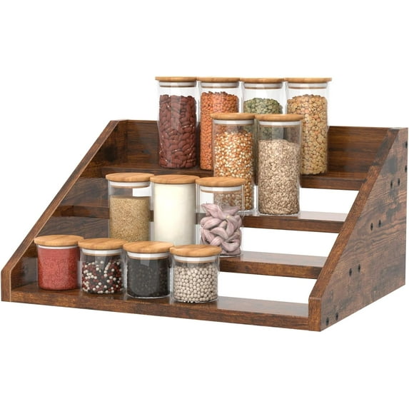 4 Step Spice Rack Organizer for Cabinet, Robust Wooden Display Riser ...