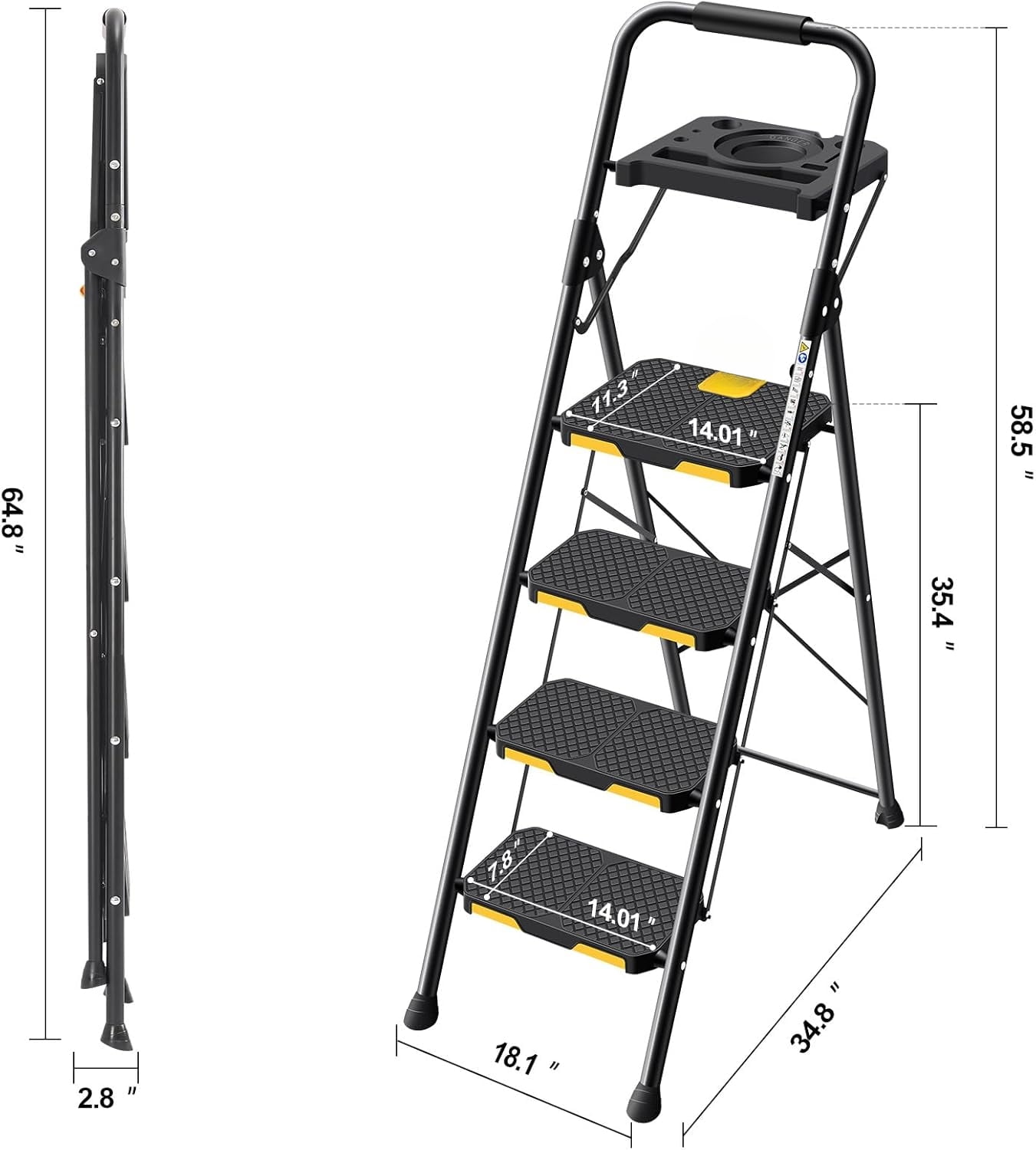 4-Step Steel Ladder with Tool Platform, Folding Step Stool with Wide ...