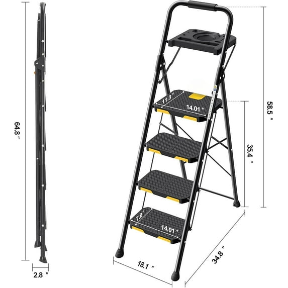 4-Step Steel Ladder with Tool Platform, Folding Step Stool with Wide ...