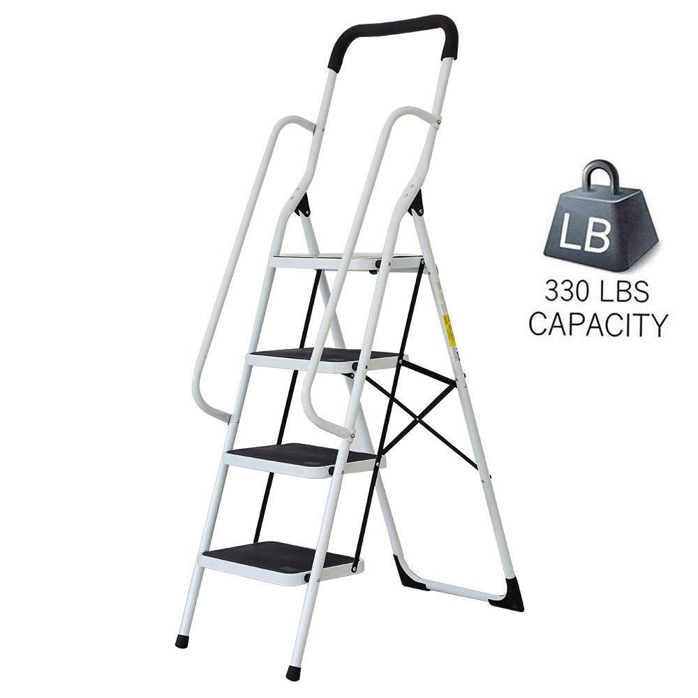 4 Steps Ladder Folding Step Stool With Hand Grip Non-Slip Safety Rails ...