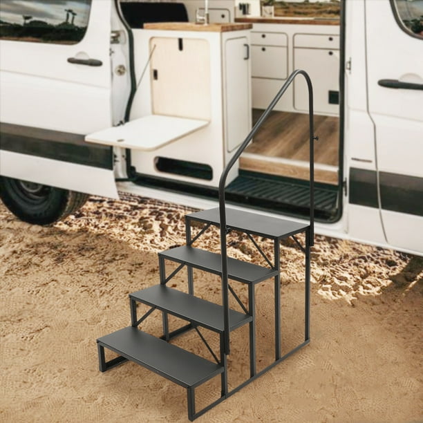 4 Steps Ladder RV Step w/ Handrails Mobile Home Stairs for Travel ...