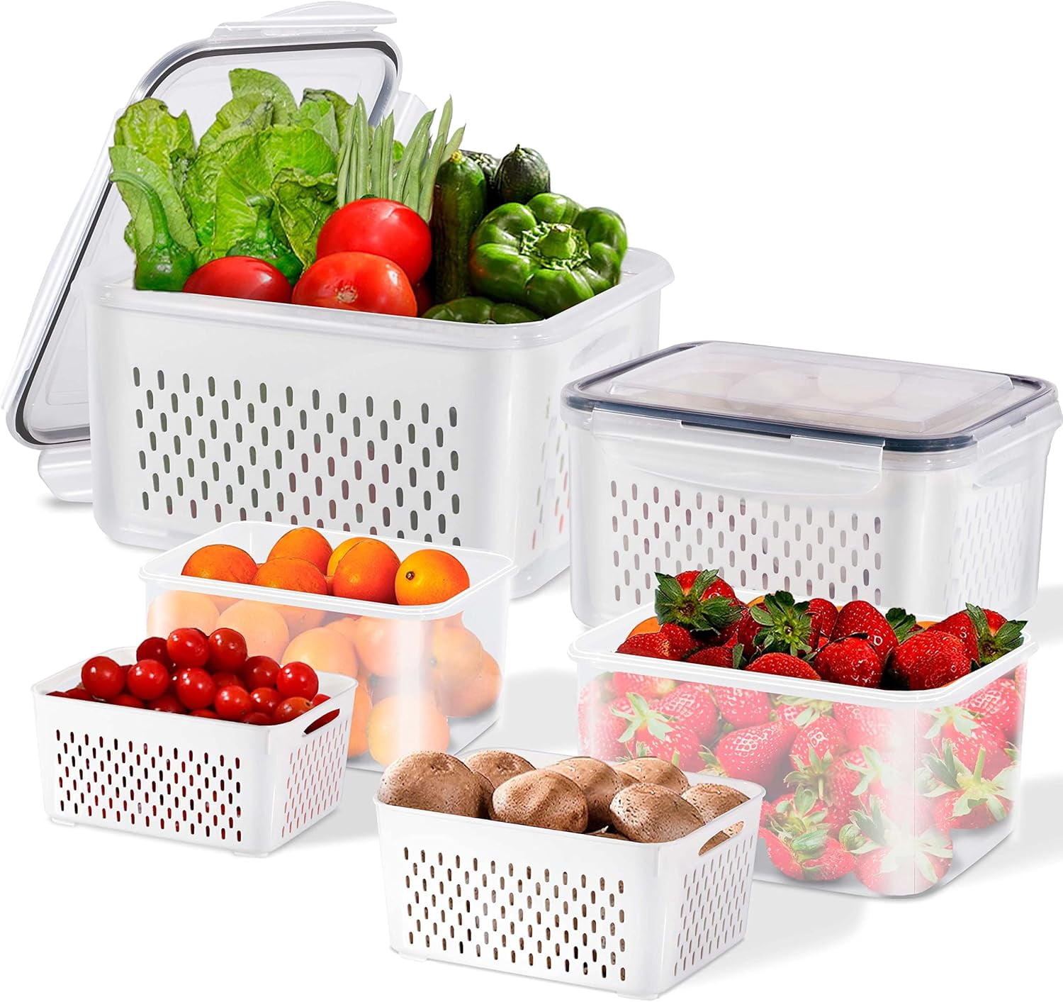 4 Storage Containers, Large Capacity Produce Saver Box with Drain ...