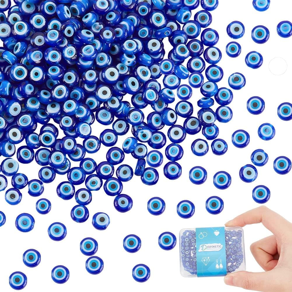 4 Strands Evil Eye Beads Handmade Lampwork Beads Dark Blue Flat Round ...