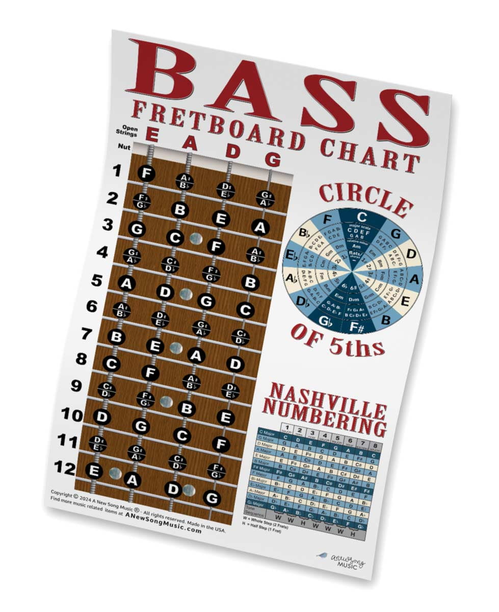 4 String Bass Fretboard Poster, Blue, Nashville Numbers & Circle of ...