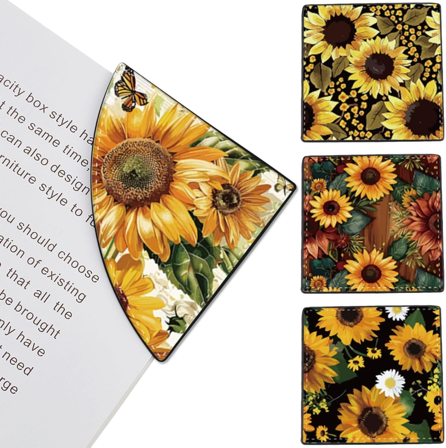 4 Style Leather Corner Bookmark Sunflower Retro Flower Print Book ...