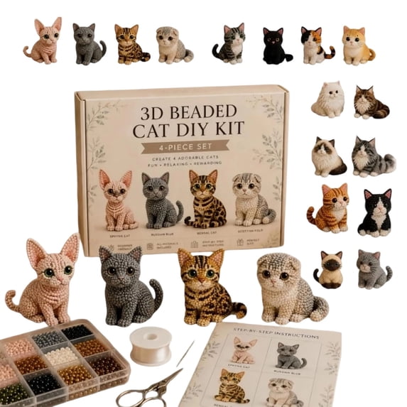 4 Styles 3D Beaded Cat DIY Craft Kit All Inclusive Pre-Sorted Bead Set ...