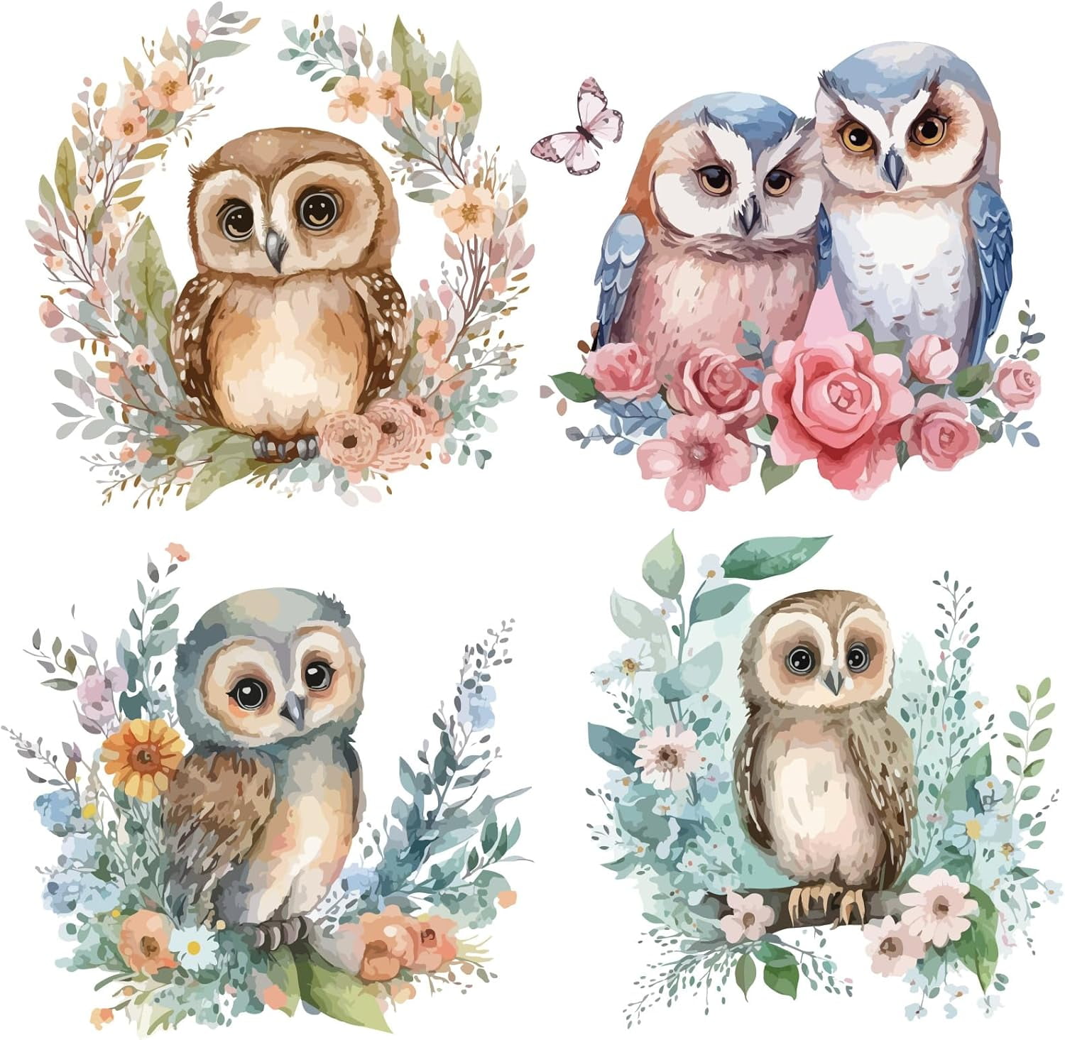 4 Styles 6.3 Inch Owl Window Sticker Round Owls Flowers Leaves Static ...