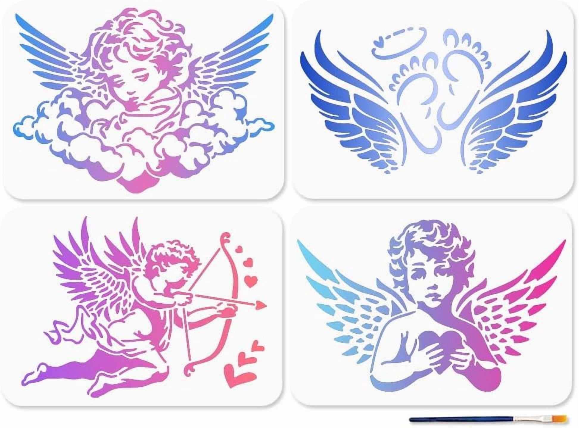 4 Styles Angel Cupid Stencils 11.7x8.3inch Reusable Angel Wings Stencil ...