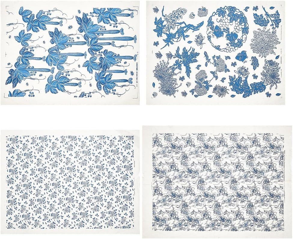 4 Styles Ceramic Decals Pottery Ceramics Clay Transfer Paper Blue and ...