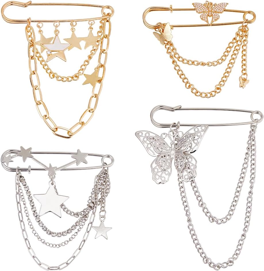 4 Styles Decorative Safety Pins Punk Collar Brooches Pin Sweater Shawl ...