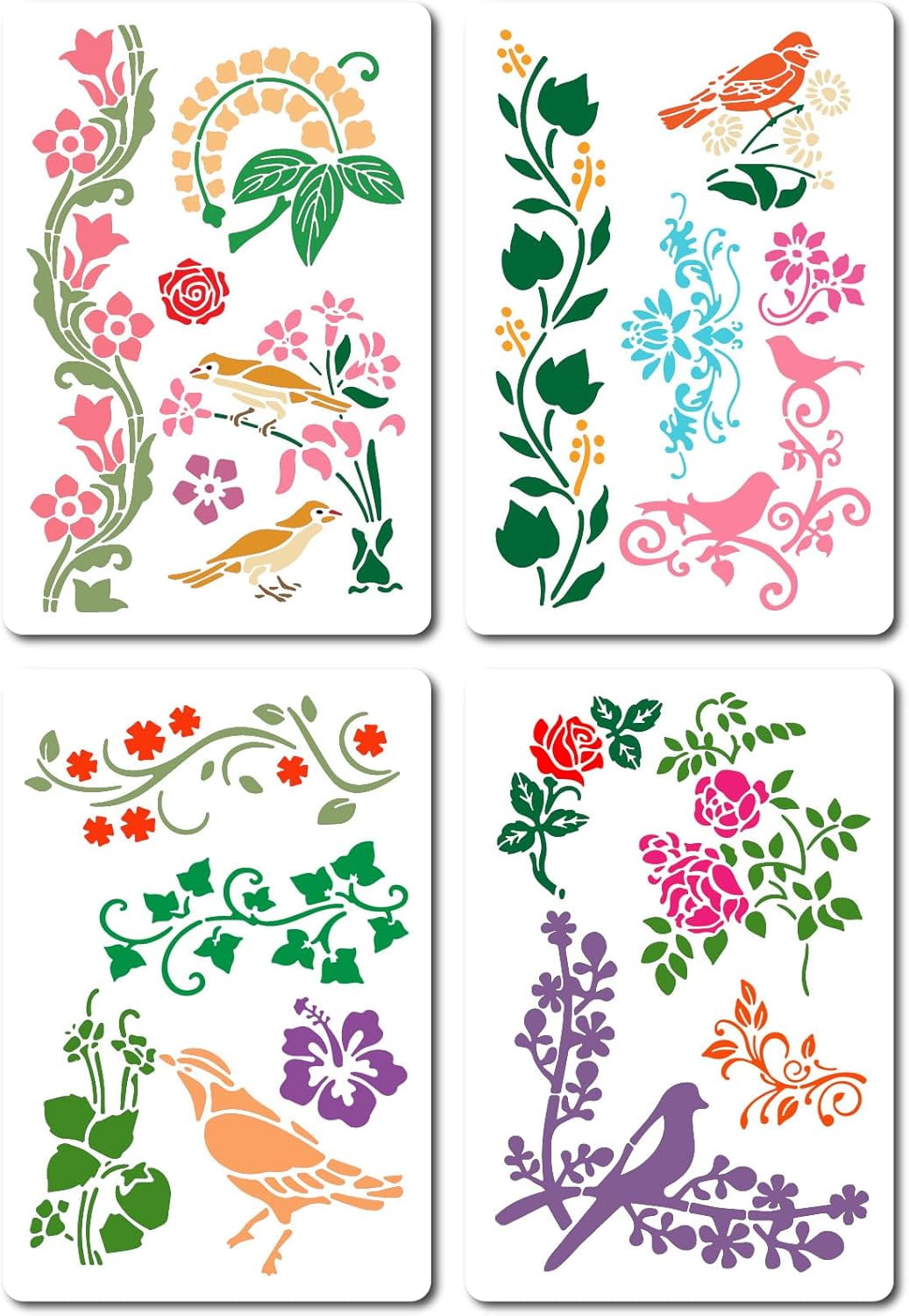 4 Styles Flower Border Hummingbird Stencils Plastic Reusable Birds ...