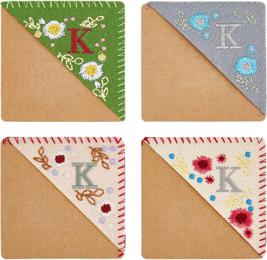 4 Styles Hand Embroidered Corner Bookmark K Felt Triangle Page Stitched ...