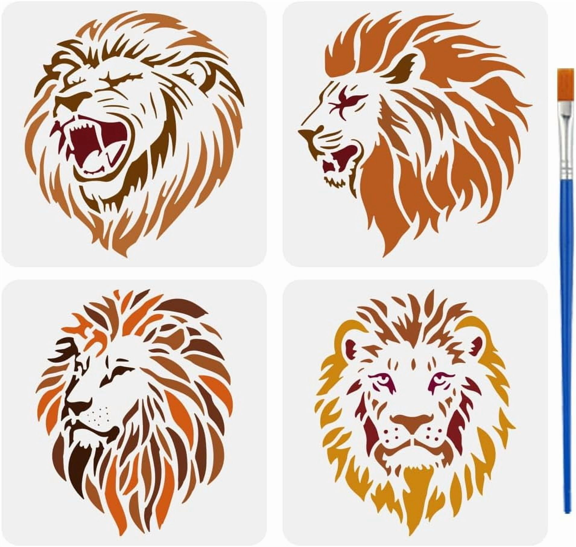 4 Styles Lion Head Pattern Stencils with a Brush 5.9x5.9Inch Various ...