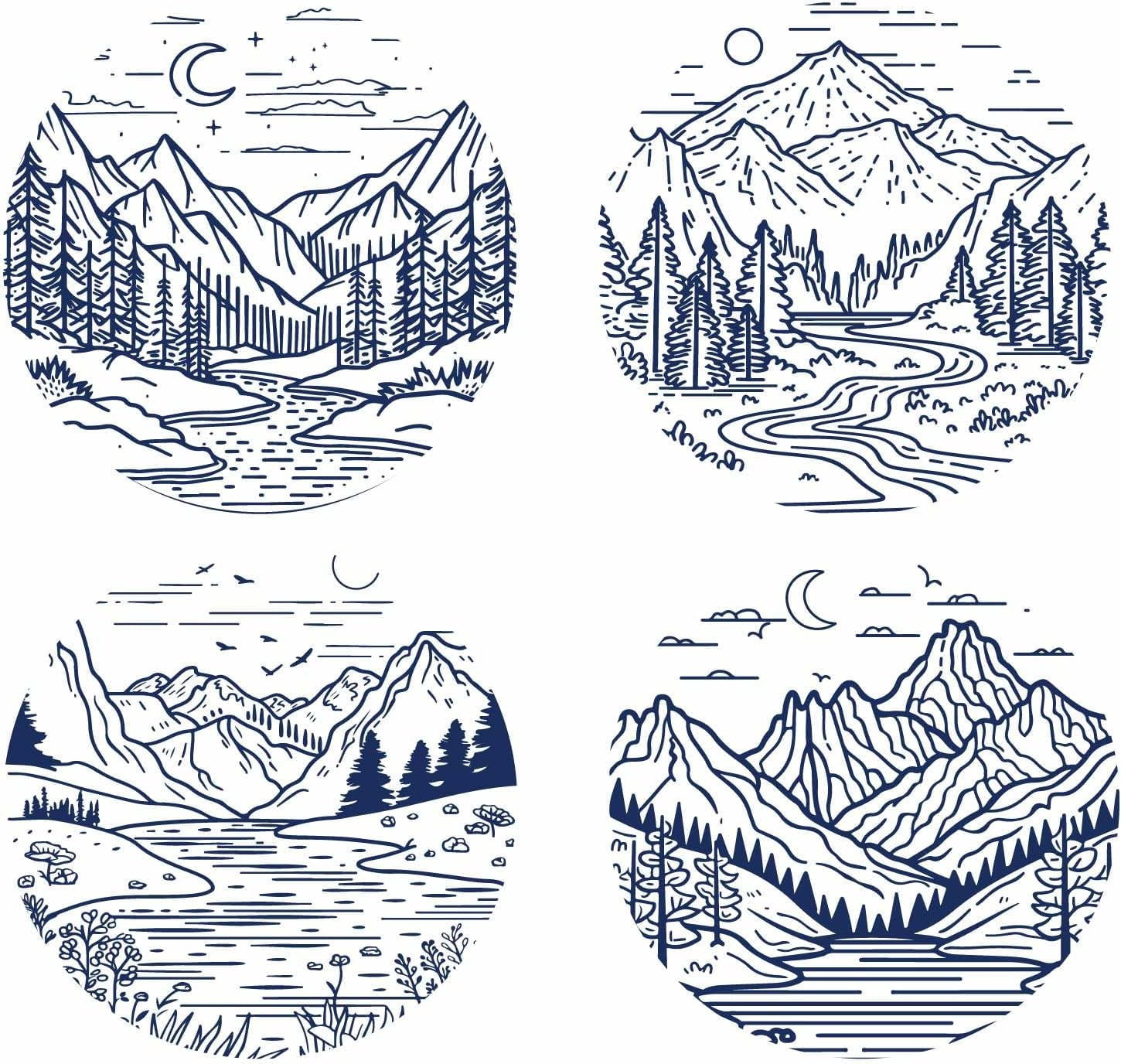 4 Styles Mountain Tree Glass Stickers 6.3 Inch Round Removable Static ...