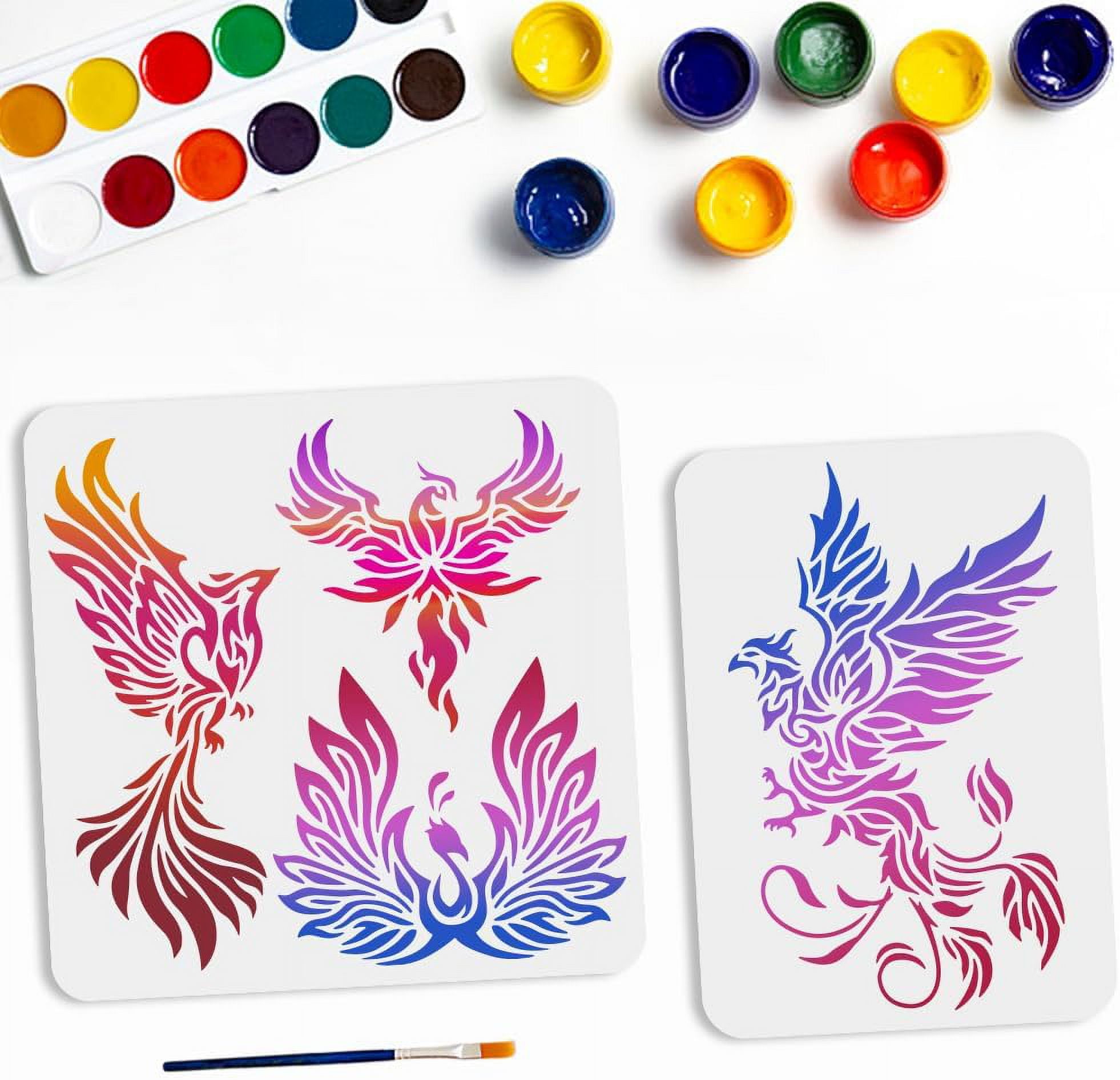 4 Styles Phoenix Stencils for Painting 11.8×11.8/8.3×11.7inch Firebird Drawing Stencil with ...