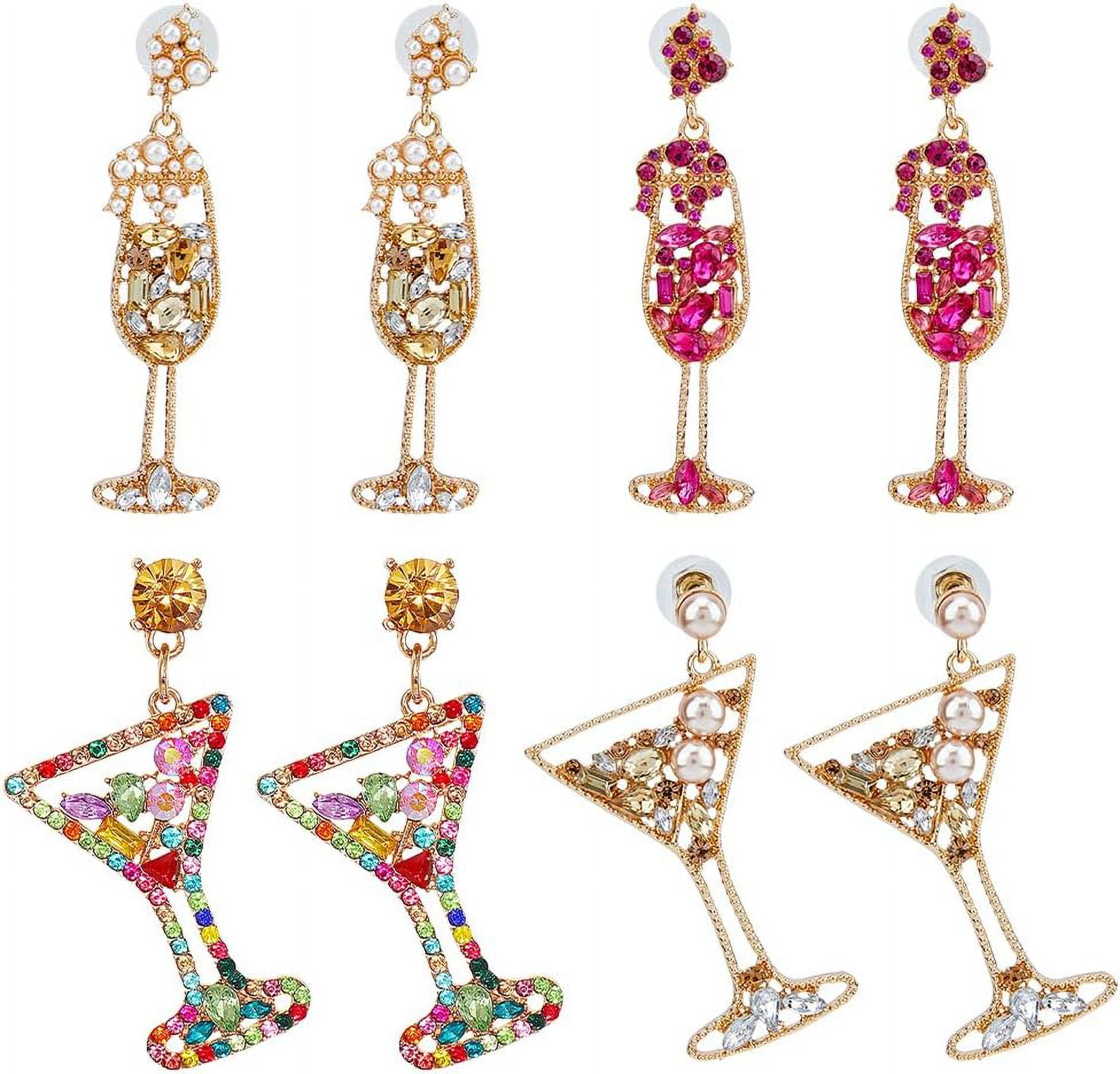 4 Styles Rhinestone Champagne Bottle Stud Earrings Long Martini Wine ...