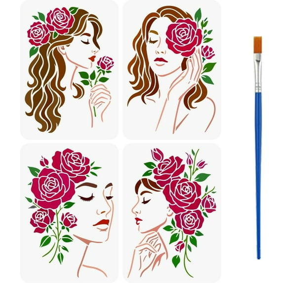 4 Styles Rose Woman Pattern Stencils with a Brush 11.7x8.3Inch Rose ...