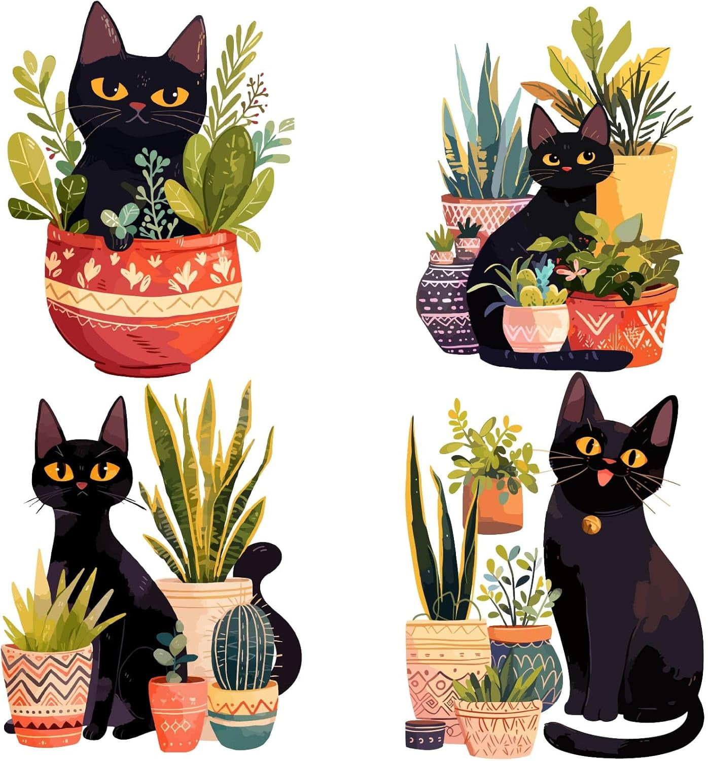 4 Styles Spring Summer Potted Plant Black Cat Window Clings Bonsai ...