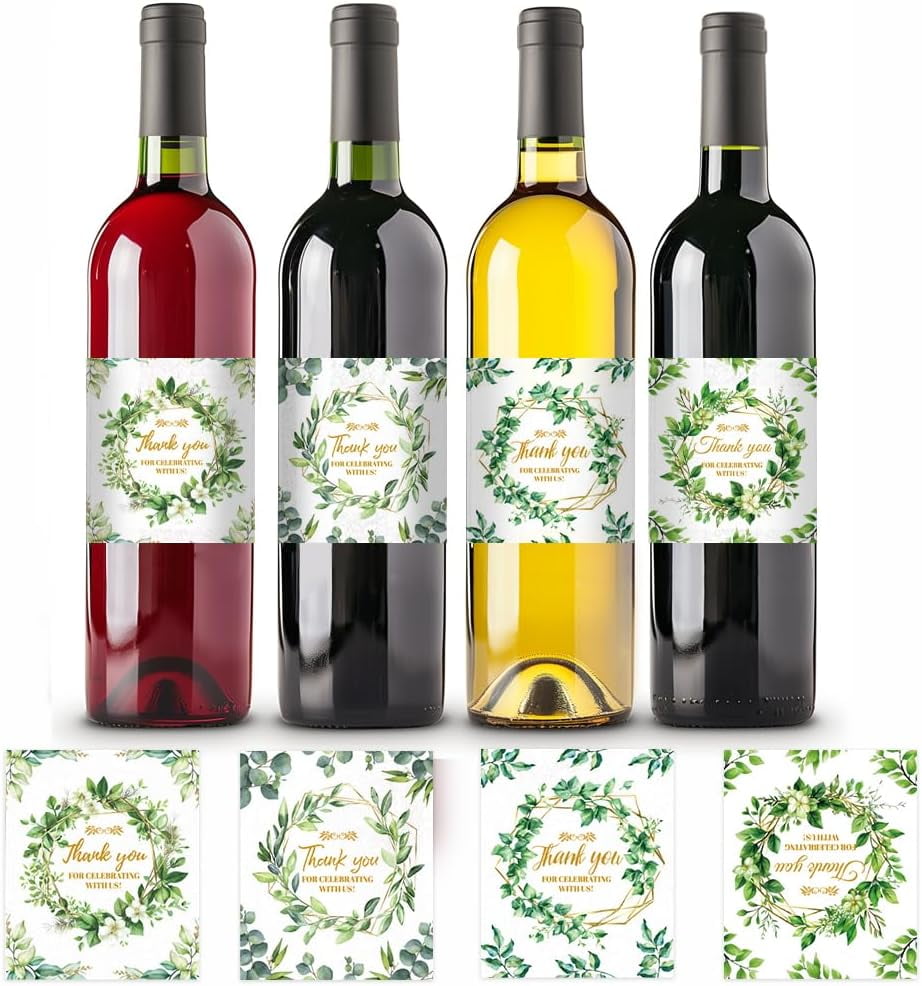 4 Styles Thank You Wine Labels 40pcs Waterproof Wine Stickers Leaf Pattern Bottle Labels Self ...