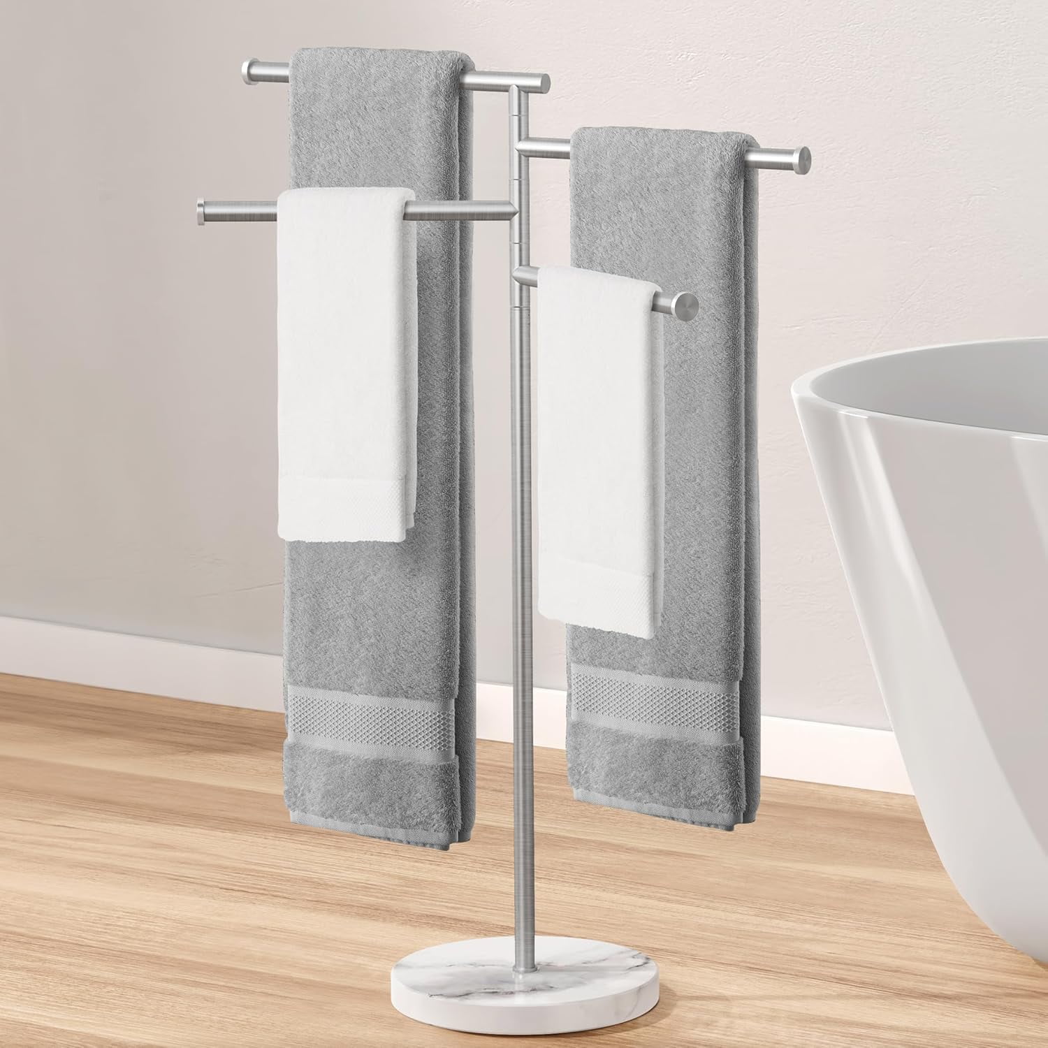 4 Swivel Bars Free Standing Towel Racks for Bathroom Floor with Natural ...