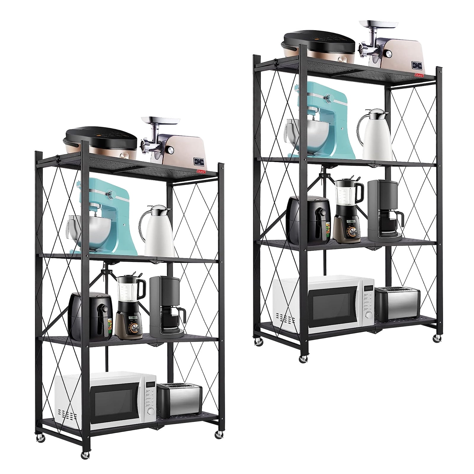 4-Tier 2 Pack Heavy Duty Foldable Metal Rack, Storage Shelving Unit ...