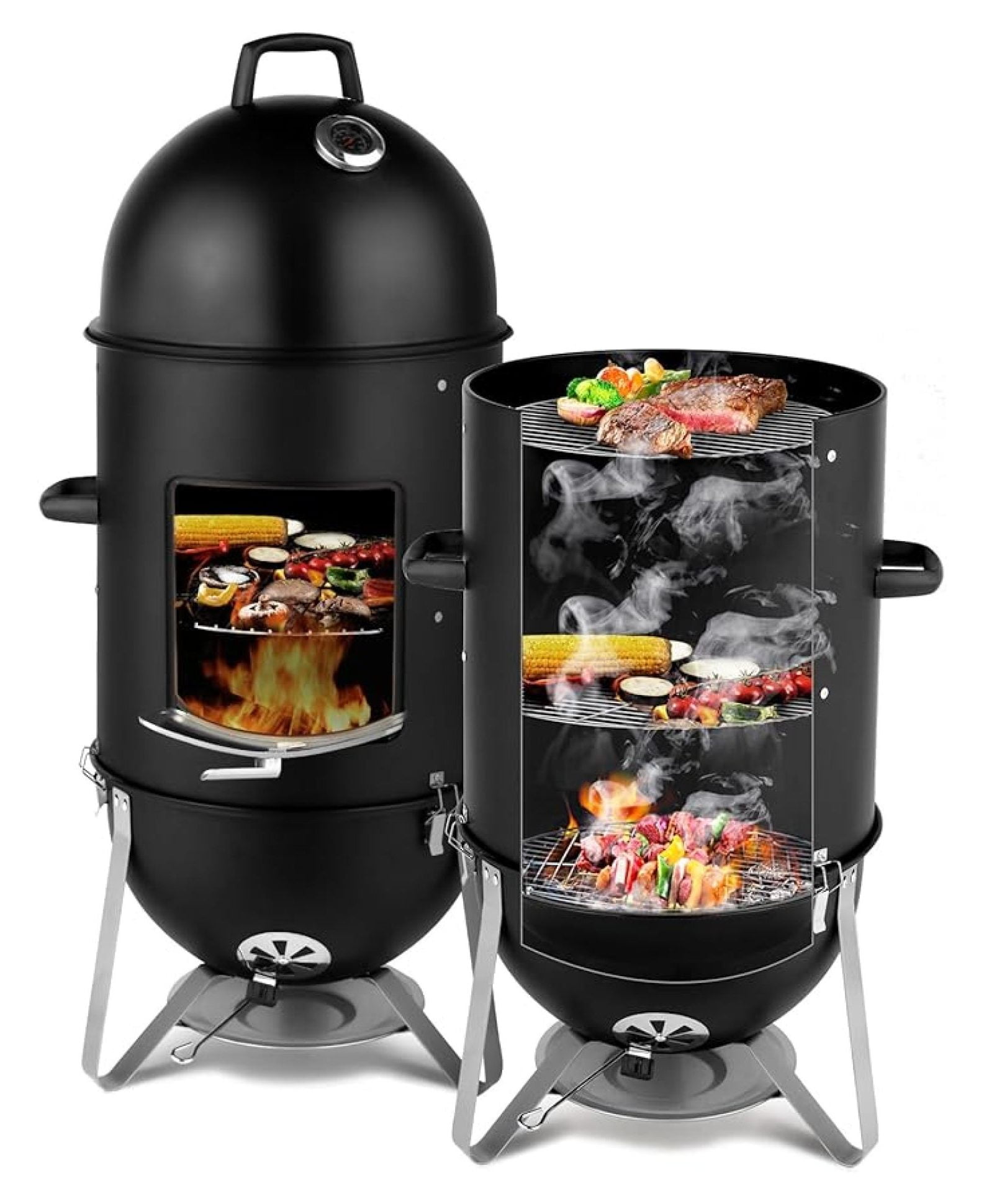 4-Tier 3-in-1 Vertical Charcoal Grill, BBQ Charcoal Smoker with Built ...