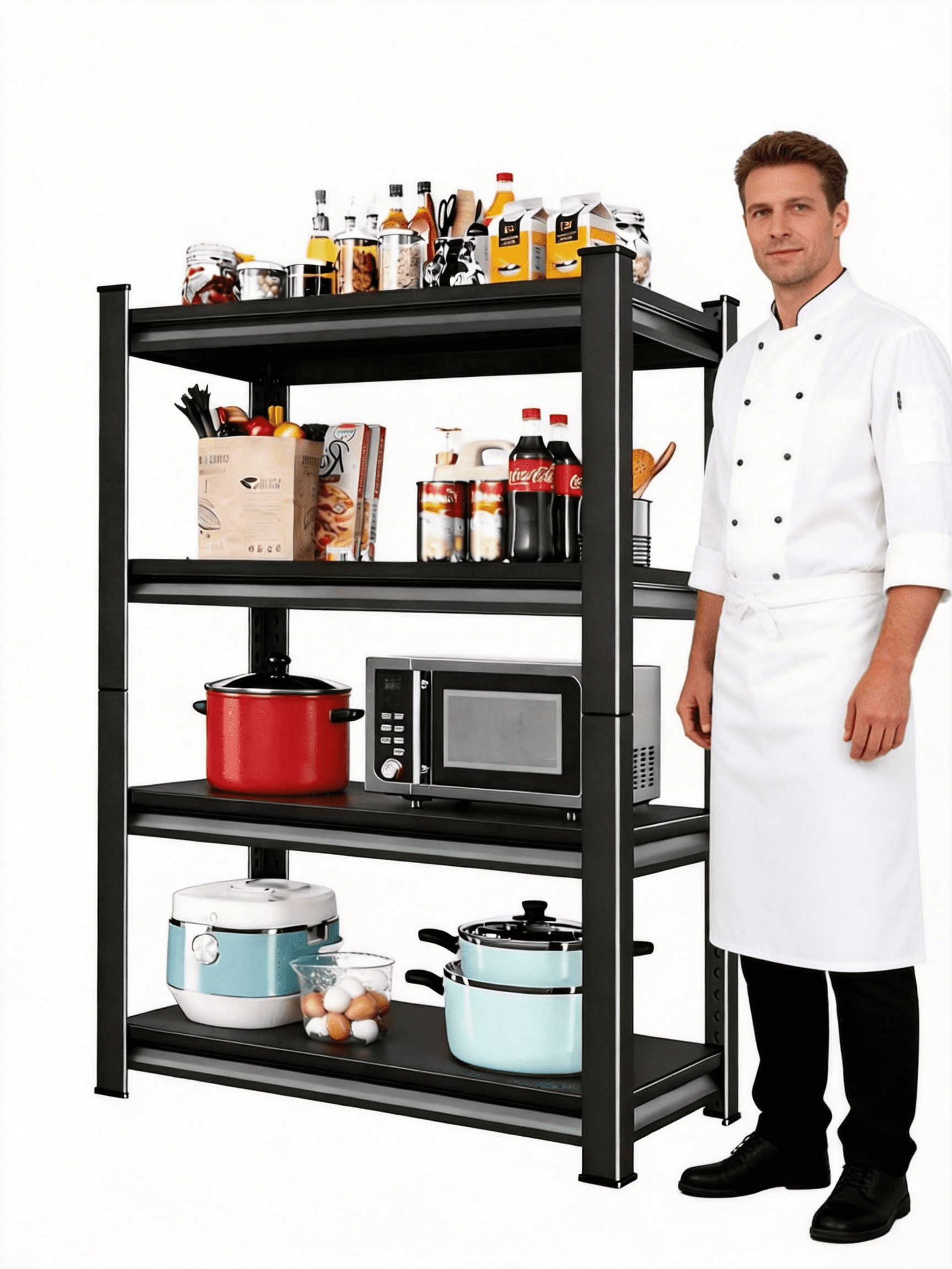 4-Tier 36"W x 44"H Metal Shelving Adjustable with Fence Kitchen Storage ...