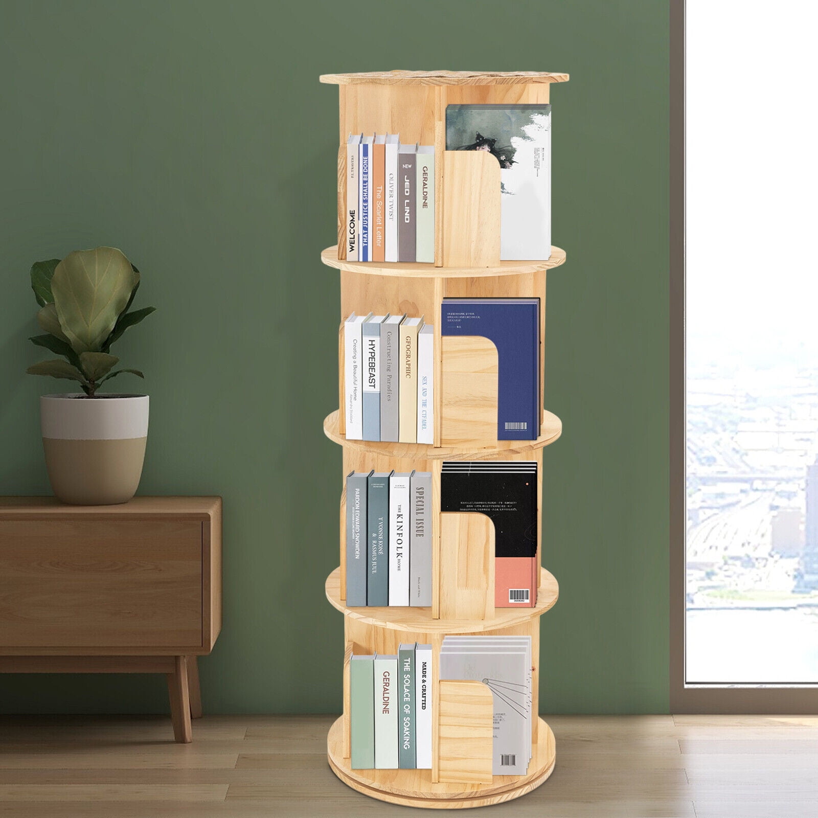 4 Tier 360 Display Bookshelf Rotating Shelving Floor Stand Storage Wood ...