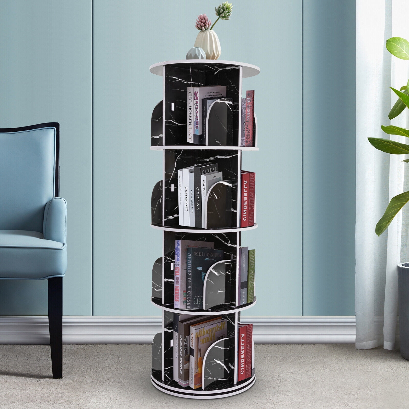 4 Tier 360° Rotating Bookshelf Display Shelf Black Marble Revolving ...