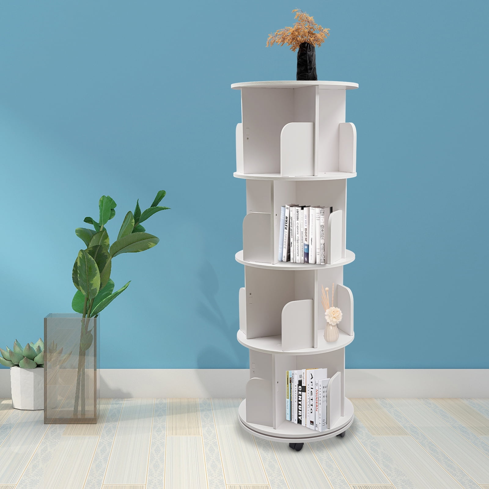 4 Tier 360° Rotating Bookshelf with Wheels, Floor Standing Bookcase ...