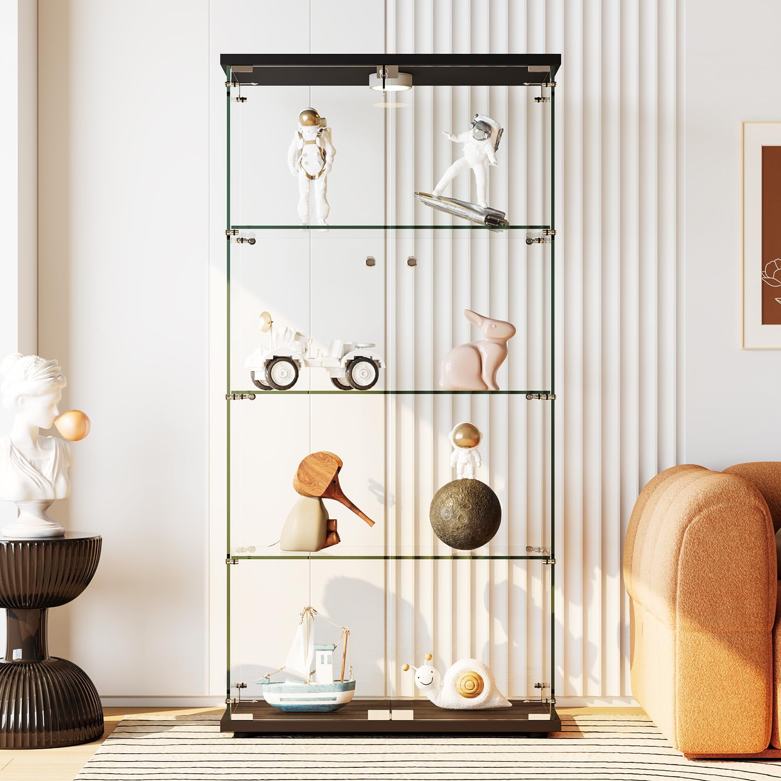 4-Tier 64.6h” Tempered Glass Display Cabinet (White) - Full-Glass Curio ...