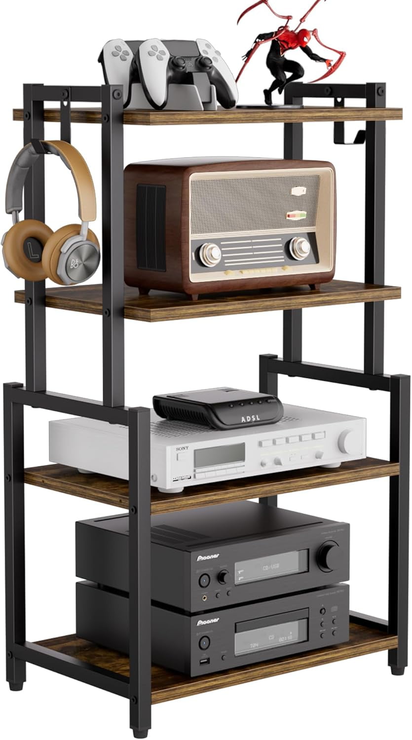 4-Tier AV Media Corner Shelf, Game Console Stand with 2 Hooks, Stereo ...