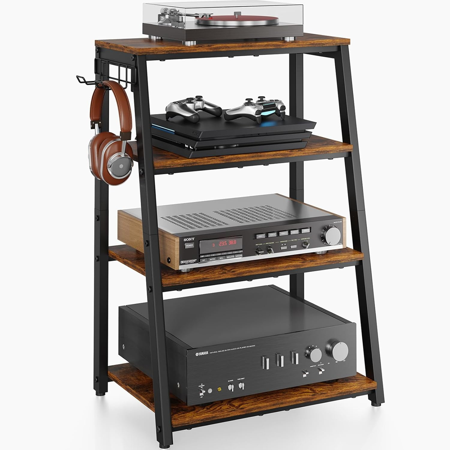 4-Tier AV Media Stand with 2 Hooks,Heavy Duty Stereo Cabinet Furniture ...