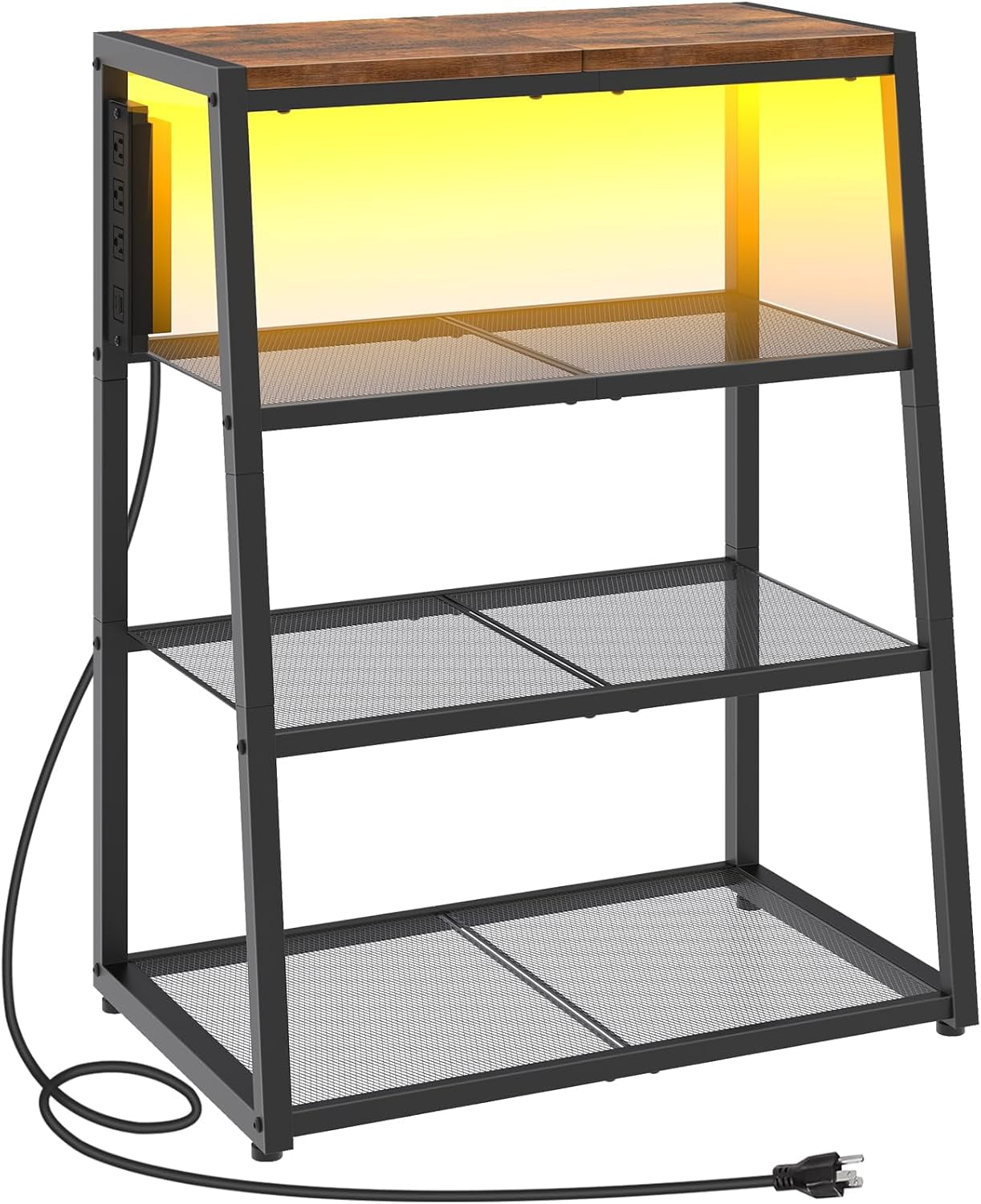 4-Tier AV Media Stand with Charging Station and LED Light, Wooden ...