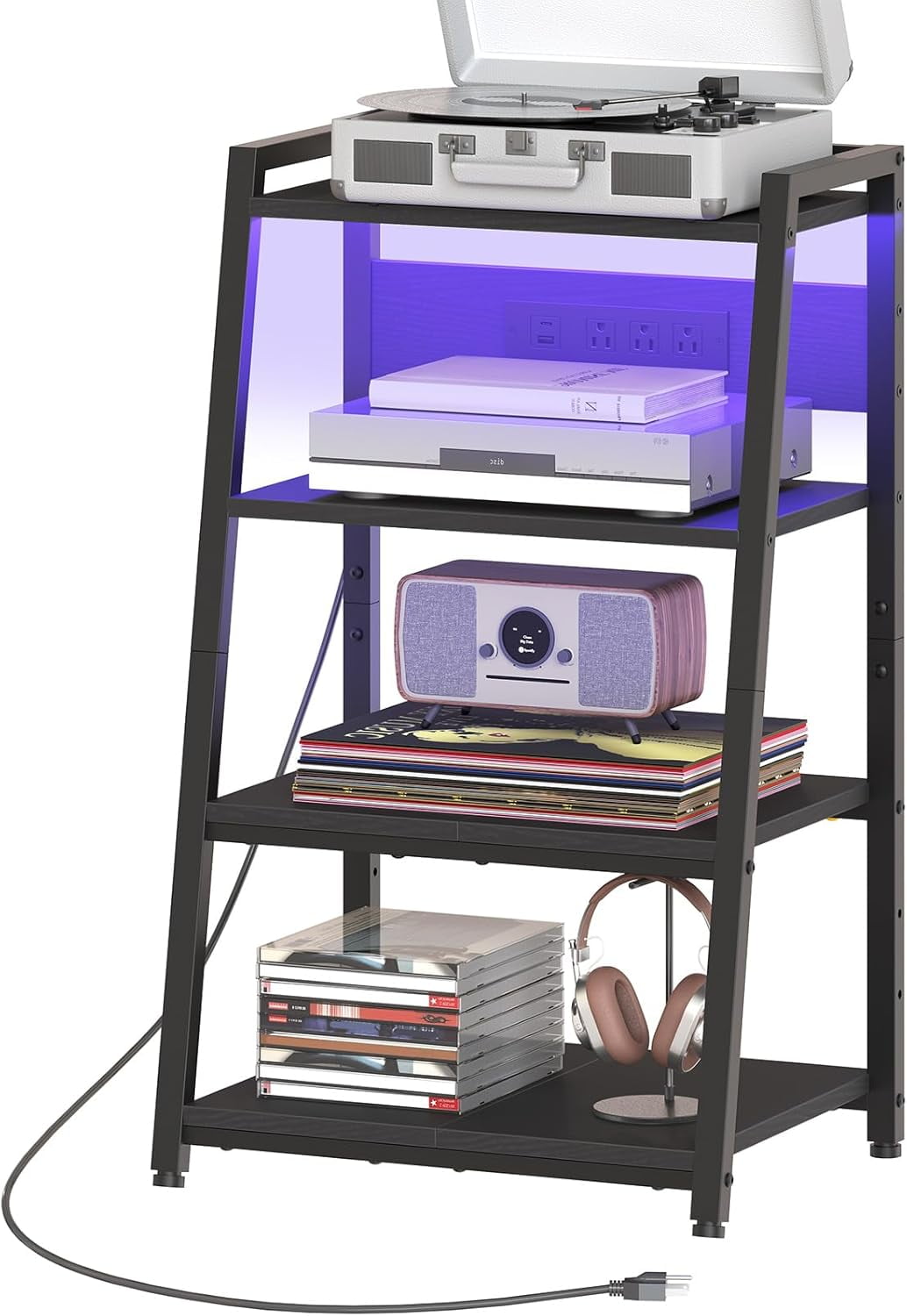 4-Tier AV Media Stand with Charging Station and LED Light, Wooden ...