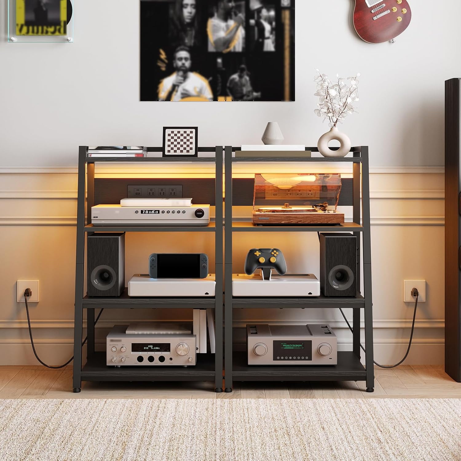 4-Tier AV Media Stand with Charging Station and LED Light, Wooden ...